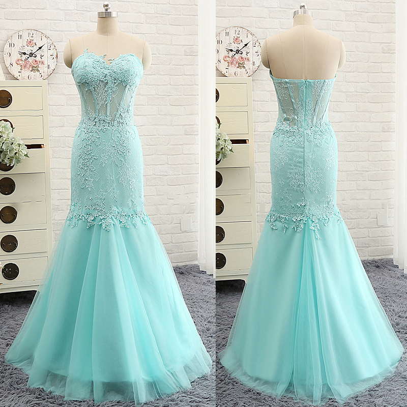Fashion Sweetheart Prom Dresses With Lace Appliques Mermaid Tulle Prom